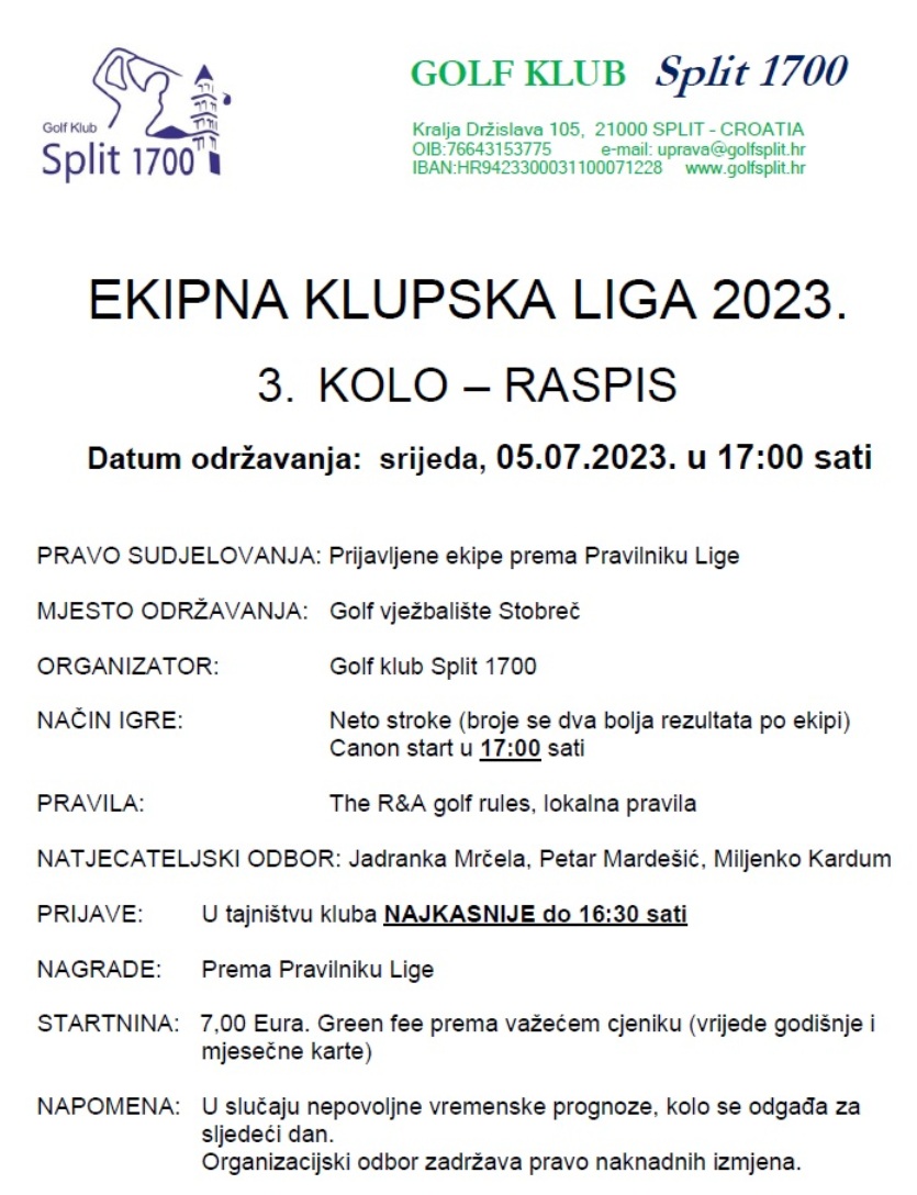 Raspis 3.kolo – Ekipna klupska liga ’23. – Golf Klub Split 1700
